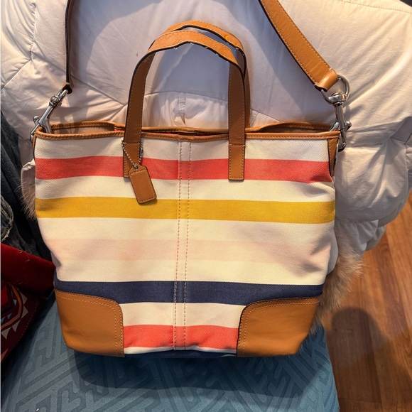 Coach | Bags | Coach Multicolor Striped Tote With Leather Trim | Poshmark